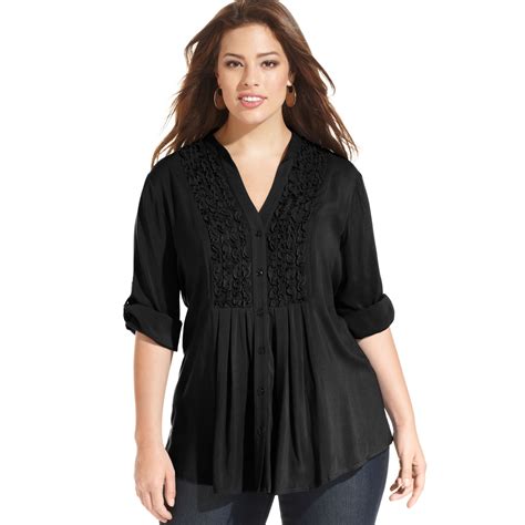 Spense Plus Size Threequartersleeve Ruffled Blouse In Black Lyst