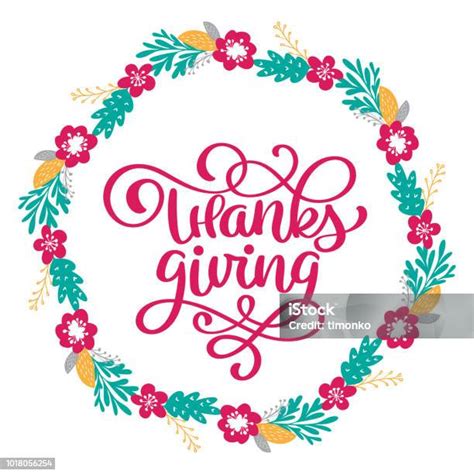 손으로 그린된 추수 감사절 타이 포 그래피 포스터 축 하 인사말 카드 엽서 이벤트 아이콘 로고 또는 배지 인용 문자 꽃의 화 환으로 벡터 빈티지 스타일이을 서 예 10월에