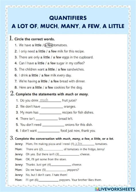 Quantifiers A Lot Of Many Much A Few A Little Worksheet