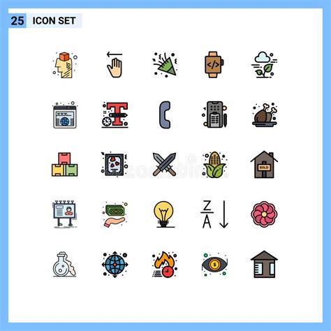 Mobile Interface Filled Line Flat Color Set Of 25 Pictograms Of Cloud Time Clock Fireworks