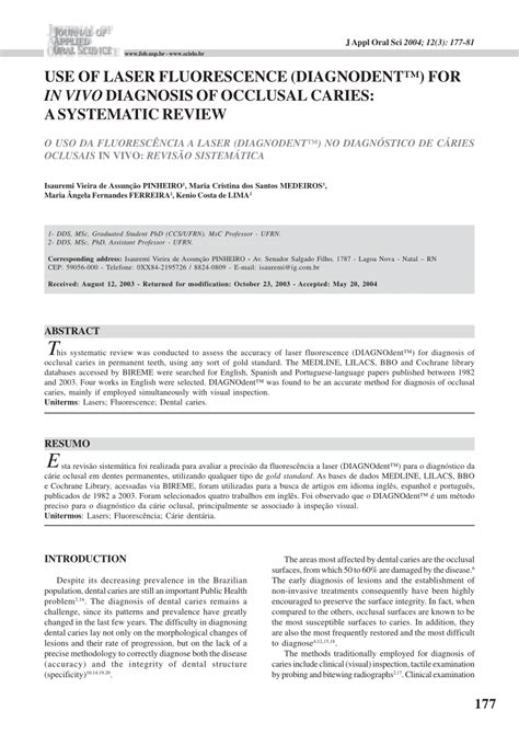 Pdf Use Of Laser Fluorescence Diagnodenttm For In Vivo Diagnosis Of Occlusal Caries A