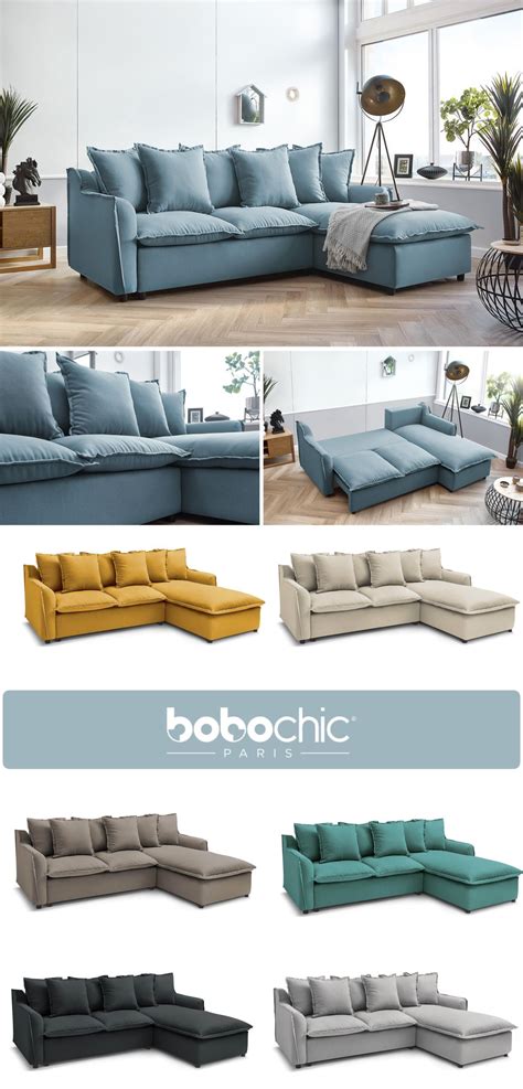 파란색 노란색 베이지 회색과 녹색으로 우아하고 부드러운 침대로 바꿀 수있는 코너 소파 Canapé Angle Convertible Canapé Angle