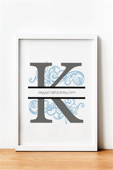 Split Monogram K Embroidery Design Font With Swirl Motif Design In 3 Sizes Instant Download Etsy