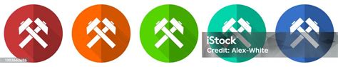 마이닝 아이콘 세트 빨간색 파란색 녹색 및 주황색 평면 디자인 웹 버튼은 흰색 배경 벡터 일러스트레이션에 격리되어 있습니다
