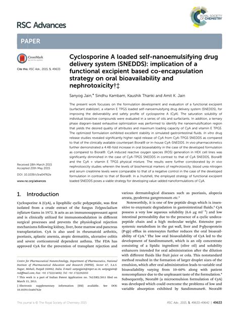 Pdf Cyclosporine A Loaded Self Nanoemulsifying Drug Delivery System Snedds Implication Of
