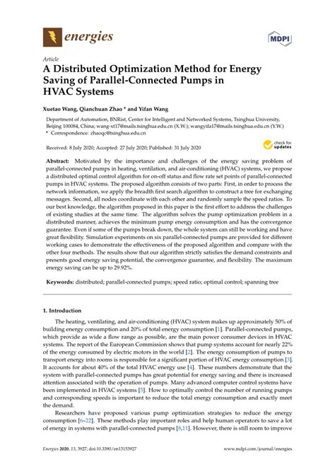 Pdf A Distributed Optimization Method For Energy Saving Of Parallel Connected Pumps In Hvac