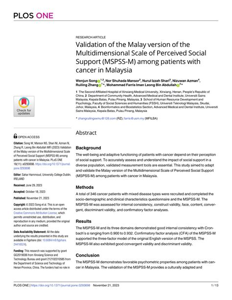 Pdf Validation Of The Malay Version Of The Multidimensional Scale Of Perceived Social Support