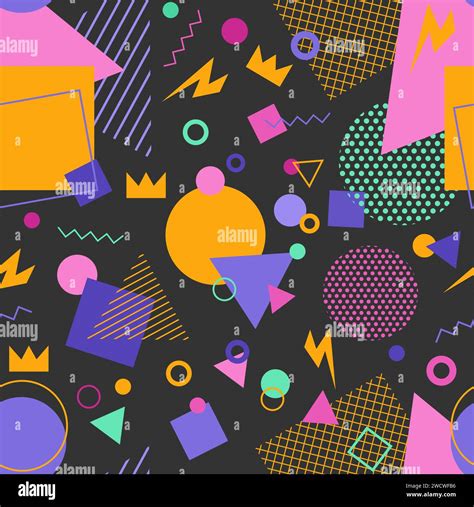 Seamless Pattern Of Abstract Colored Geometric Shapes On Black