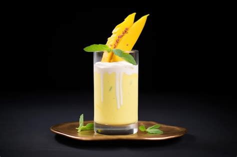 Premium Ai Image Mango Lassi Glass With A Bite Taken Out Of The Mango