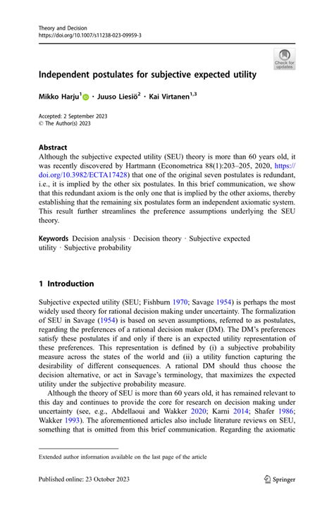 Pdf Independent Postulates For Subjective Expected Utility