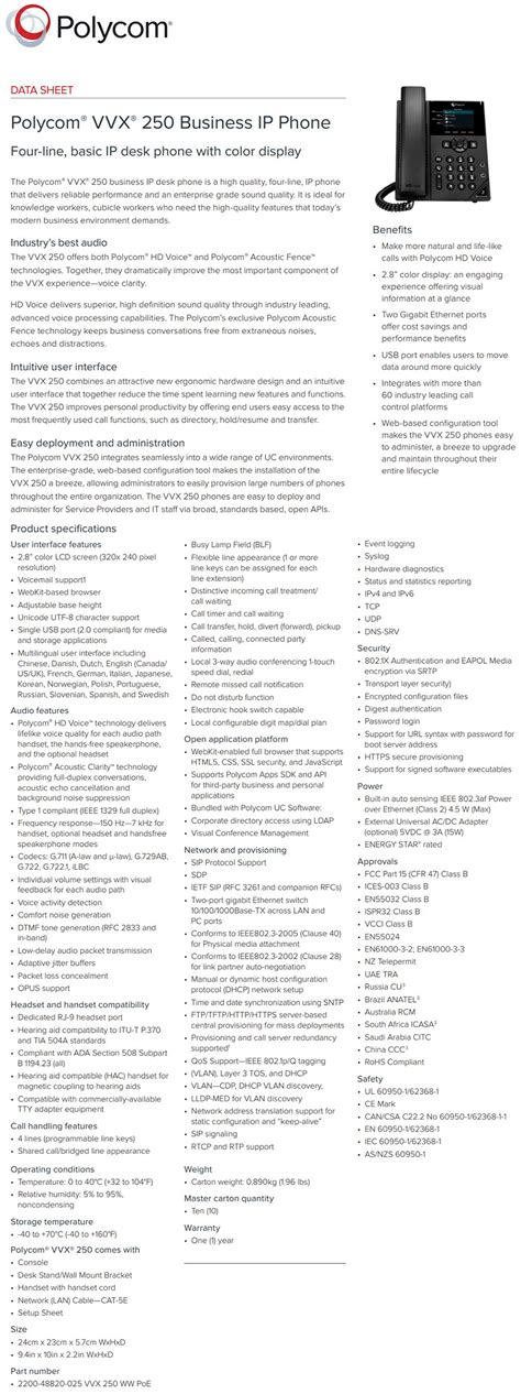 Polycom Vvx 250 4 Line Desktop Business Ip Phone 2200 48820 025 Mwave