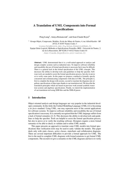 Pdf A Translation Of Uml Components Into Formal Specifications
