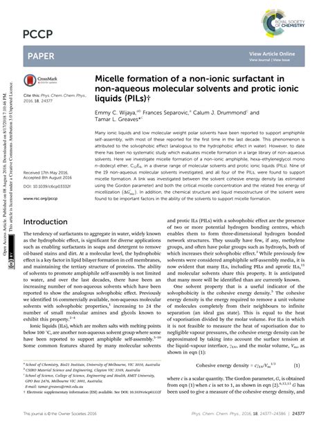 Pdf Micelle Formation Of A Non Ionic Surfactant In Non Aqueous Molecular Solvents And Protic