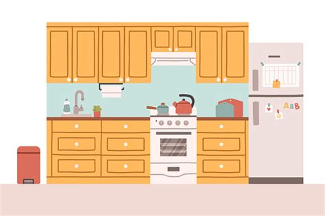 가구와 부엌 테이블 스토브 찬장 요리 및 냉장고가있는 아늑한 주방 인테리어 플랫 스타일 벡터 일러스트레이션 0명에 대한 스톡 벡터 아트 및 기타 이미지 Istock