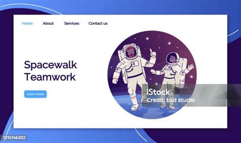 우주 유영 방문 페이지 벡터 템플릿입니다 플랫 일러스트와 팀워크 웹 사이트 인터페이스 아이디어 공간 홈페이지 레이아웃입니다 코스모나우츠 웹 배너 웹 페이지 만화 컨셉