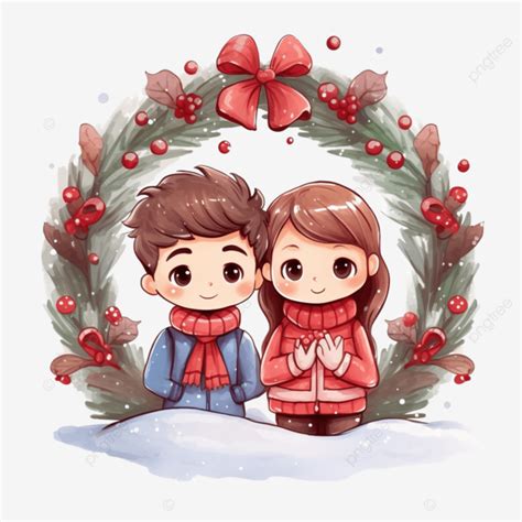 귀여운 만화 커플과 장식 화환의 크리스마스 그림 크리스마스 커플 귀여운 크리스마스 크리스마스 만화 Png 일러스트 및