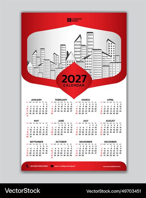 Wall Calendar 2027 Year Red Template Royalty Free Vector