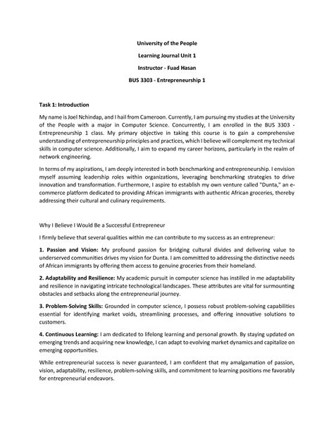 Bus 3303 Learning Journal Unit 1 University Of The People Learning Journal Unit 1 Instructor