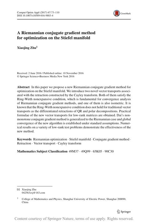 A Riemannian Conjugate Gradient Method For Optimization On The Stiefel Manifold Request Pdf