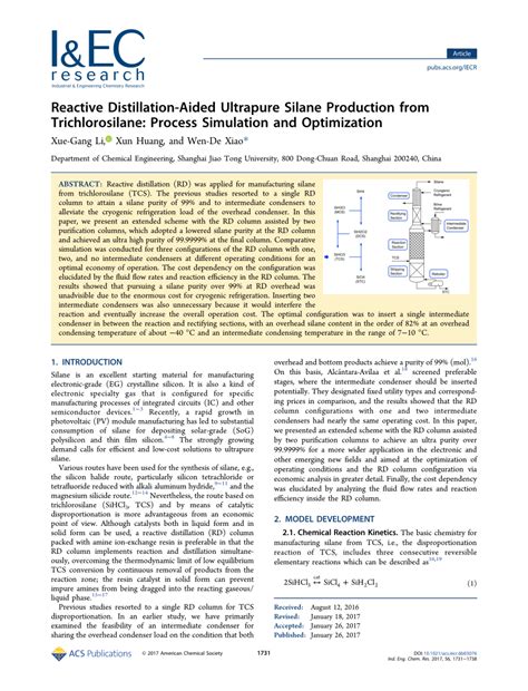 Pdf Reactive Distillation Aided Ultrapure Silane Production From