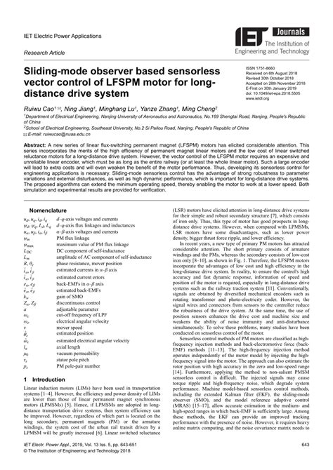 Pdf Smo Based Sensorless Vector Control Of Lfspm Motor For Long Distance Drive System