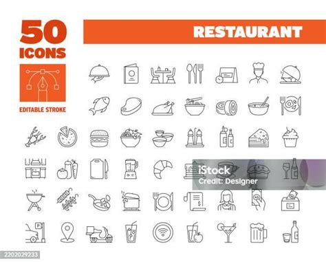 간단한 레스토랑 라인 아이콘 세트입니다 음식 음료 칼 붙이 요리사 메뉴 서빙 편집 가능한 스트로크 50 라인 아이콘 개념에 대한 스톡 벡터 아트 및 기타 이미지 Istock