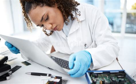 Motherboard Woman Technician And Computer In Lab For Cyber Crime Investigation Analysis Or It