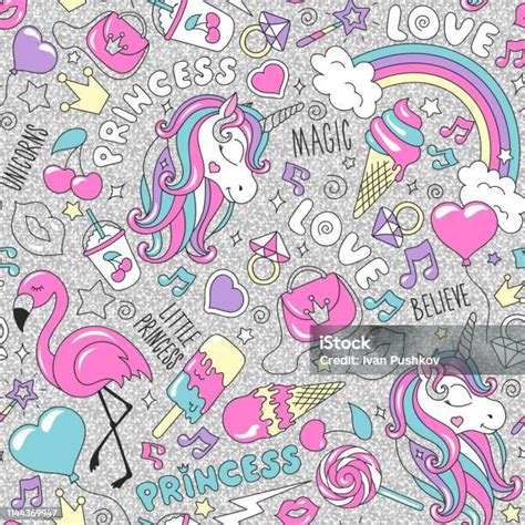 유니콘 패턴입니다 반짝이 배경에 유행 원활한 벡터 패턴입니다 패션 그림은 옷에 대 한 현대적인 스타일을 그리기 아이 옷 T 셔츠 직물 또는 포장을 위한 그림 0명에 대한