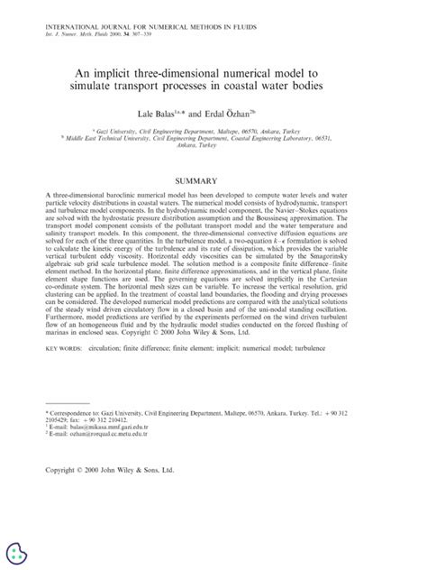 An Implicit 3d Numerical Model To Simulate Transport Processes In Coastal Water Bodies Pdf