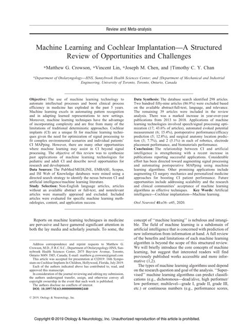 Pdf Machine Learning And Cochlear Implantation—a Structured Review Of