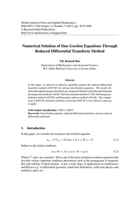 Pdf Numerical Solution Of Sine Gordon Equations Through Reduced