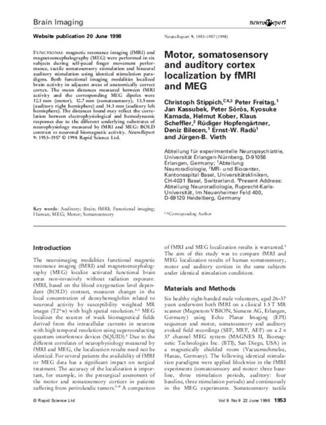 Pdf Motor Somatosensory And Auditory Cortex Localization By Fmri And Meg