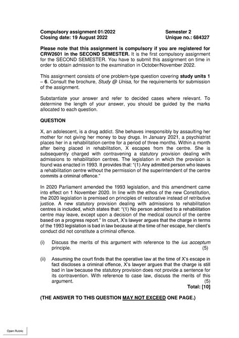 CRW2601 Assignment 01 For Semester 2 Compulsory Assignment 01 2022 Semester 2 Closing Date 19