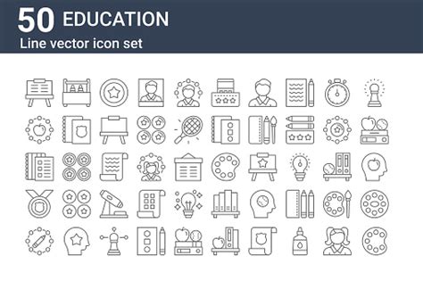 50 교육 아이콘의 집합입니다 페인트 팔레트 쓰기 메달 노트북 사과 연필 케이스 페인트 팔레트와 같은 얇은 선 아이콘의 윤곽선 계산기에 대한 스톡 벡터 아트 및 기타 이미지