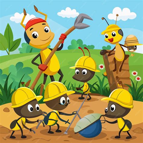 Team Of Worker Ants Fun And Engaging Cartoon Characters Premium Ai Generated Vector