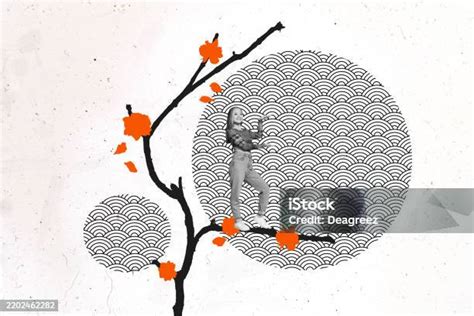 스케치 디자인 트렌드 아트 워크 포스터 3d 콜라주 젊은 숙녀 스탠드 사쿠라 분기 꽃 중국 문화 국가 장식 패턴 동양 20 24세에 대한 스톡 사진 및 기타 이미지 Istock