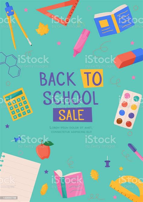 화려한 학용품이있는 학교 카드로 돌아 가기 초대장 포스터 배너 프로모션 판매를위한 학교 템플릿으로 화려하게 돌아 가기 학교 용품