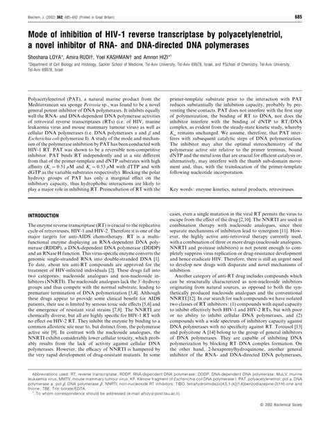 Pdf Mode Of Inhibition Of Hiv 1 Reverse Transcriptase By Polyacetylenetriol A Novel Inhibitor