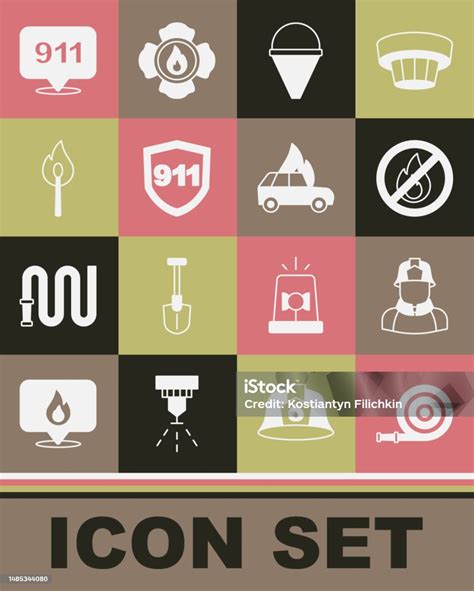 소방 호스 릴 소방관 화재 없음 콘 버킷 긴급 전화 911 불타는 성냥 및 자동차 아이콘을 설정합니다 벡터 교통사고 충돌 사고에 대한 스톡 벡터 아트 및 기타 이미지