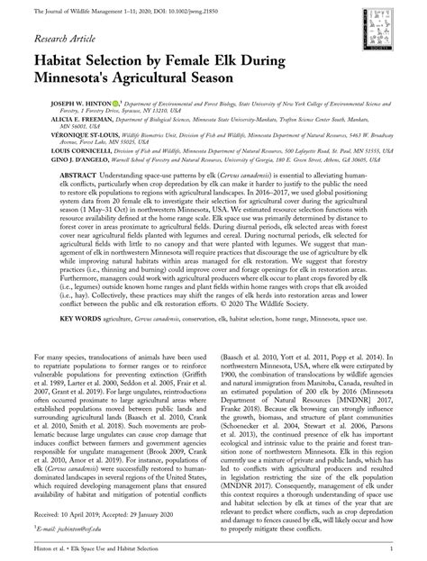 Pdf Habitat Selection By Female Elk During Minnesotas Agricultural Season