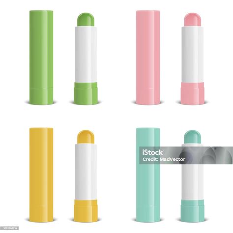 벡터 현실적인 3d 화이트 빈 광택 닫히고 열 립 밤 스틱 또는 위생 립스틱 세트알로에 추출 물 녹차 꿀 오렌지 망고 딸기 딸기 민트 등흰색 바에 고립 된 근접 촬영에 따라