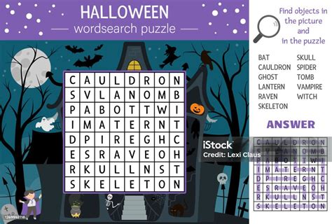 아이들을위한 벡터 할로윈 워드 서치 퍼즐 유령의 집과 아이들을위한 전통적인 무서운 개체와 간단한 크로스 워드 퍼즐 재미있는 마녀