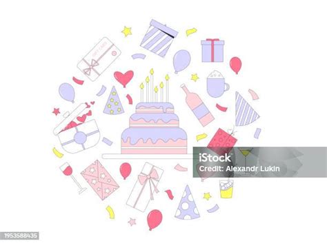생일 액세서리 라운드 구성 기념일 요소는 축하 개체를 설정합니다 휴일 이벤트 케이크 및 선물 풍선 음료 및 색종이 기프트 카드 컬렉션 벡터 일러스트 레이 션 갈란드 장식품에