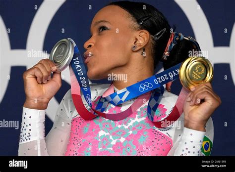 Rebeca Andrade Of Brazil Poses With Her Gold Medal For Vault And