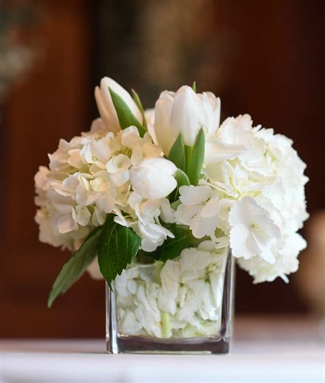Simple Flower Centerpiece For Cocktail Table With White Tulips And White Hydran Flower