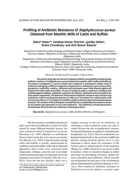 Pdf Profiling Of Antibiotic Resistance Of Staphylococcus Aureus Obtained From Mastitic Milk Of