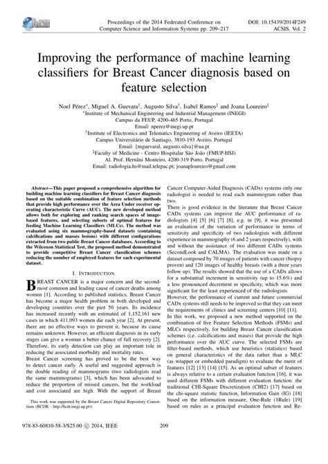 Pdf Improving The Performance Of Machine Learning Classifiers For Breast Cancer Diagnosis
