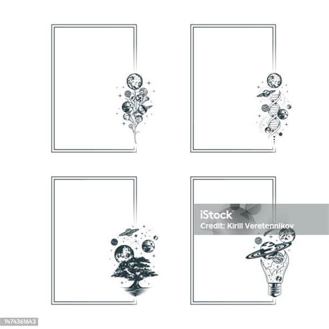 행성 별 나무 Dna 및 깨진 전구가있는 4 개의 천체 직사각형 프레임 마법 인사말 카드 및 초대장에 대한 신비로운 테두리 보호 스타일의 손으로 그린 벡터 그림 0명에 대한