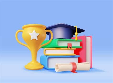 3d 금 트로피 책 스택 및 졸업 모자 프리미엄 벡터