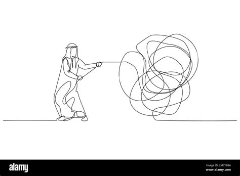 Drawing Of Arab Man Try To Unraveling Tangled Rope Concept Of Solution And Problem Solving